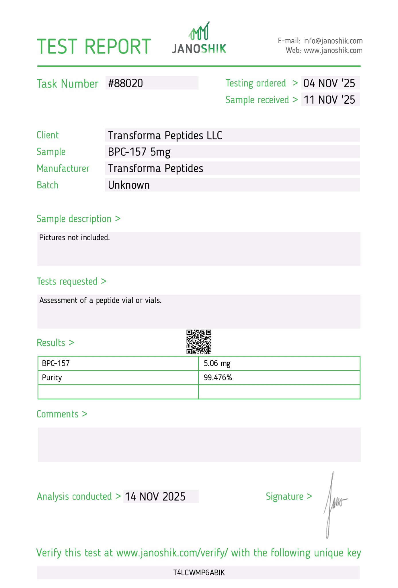 COA / Testing Reports - Transforma Peptides
