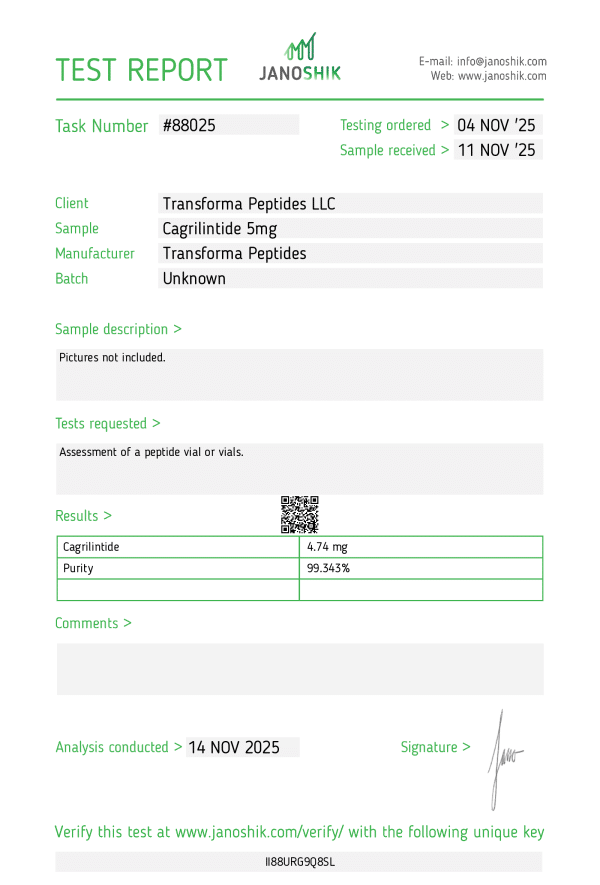 COA / Testing Reports - Transforma Peptides