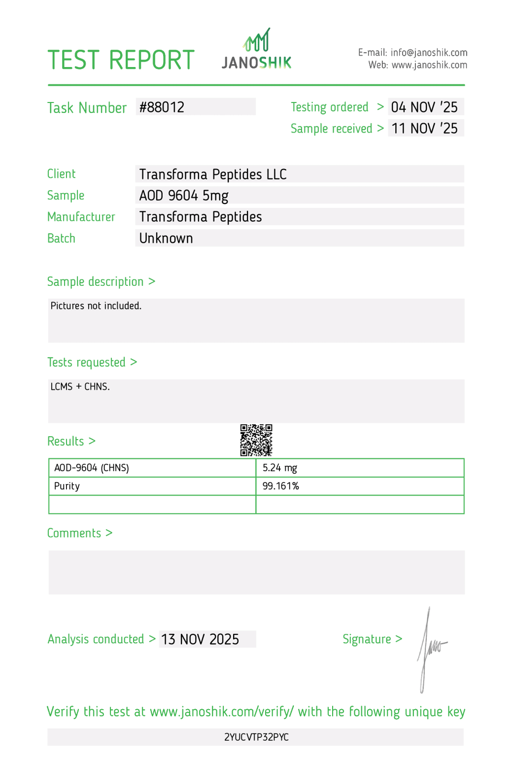 COA / Testing Reports - Transforma Peptides
