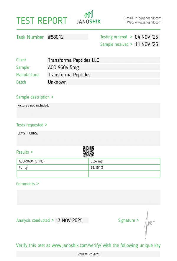 COA / Testing Reports - Transforma Peptides